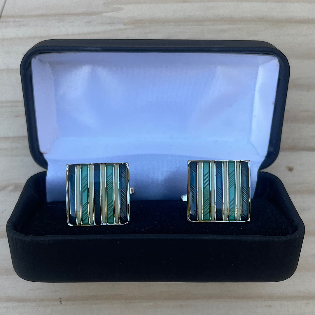 Designer Style Multi Green & Teal Striped Cufflinks – Bucks Leather